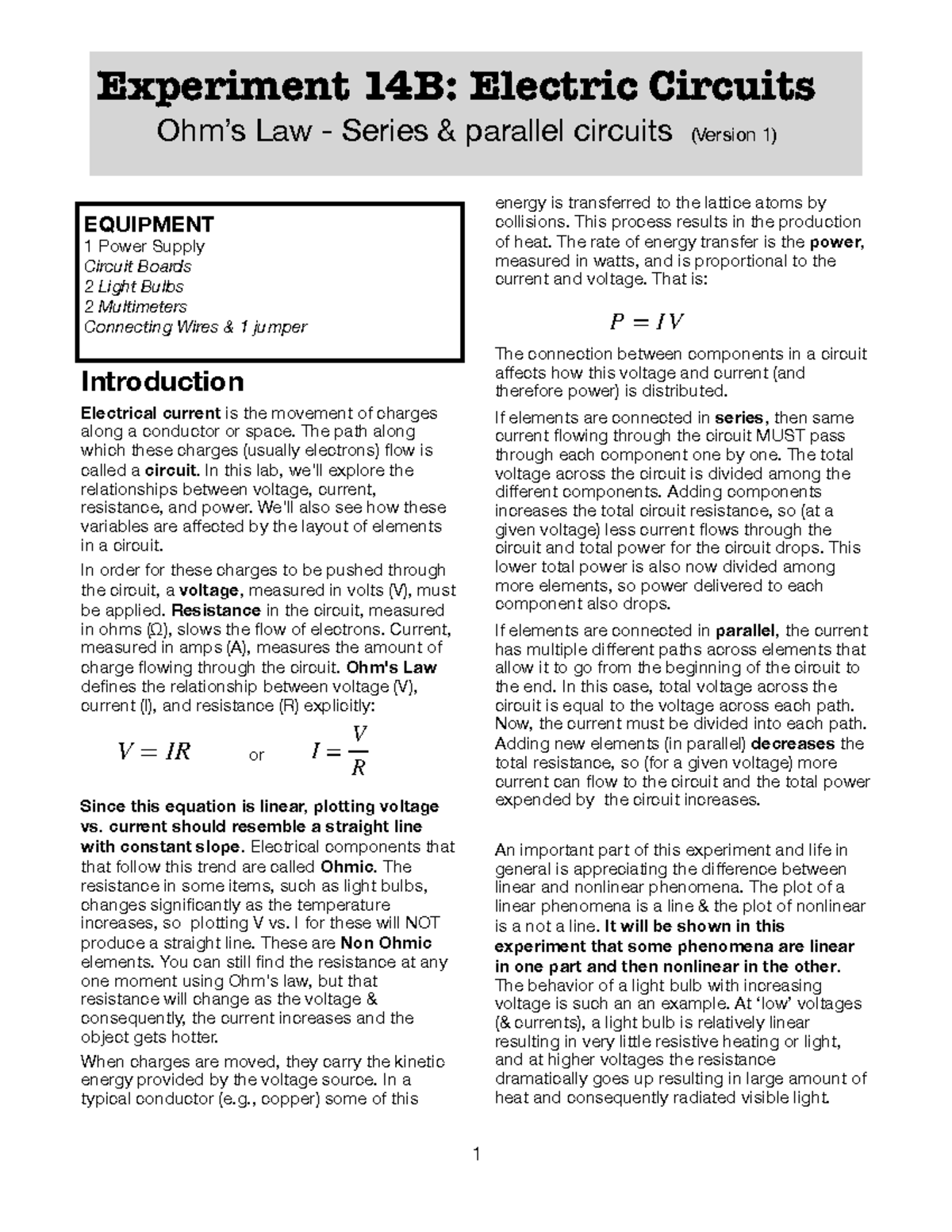 14b physics lab - lab 14 - Introduction Electrical current is the ...