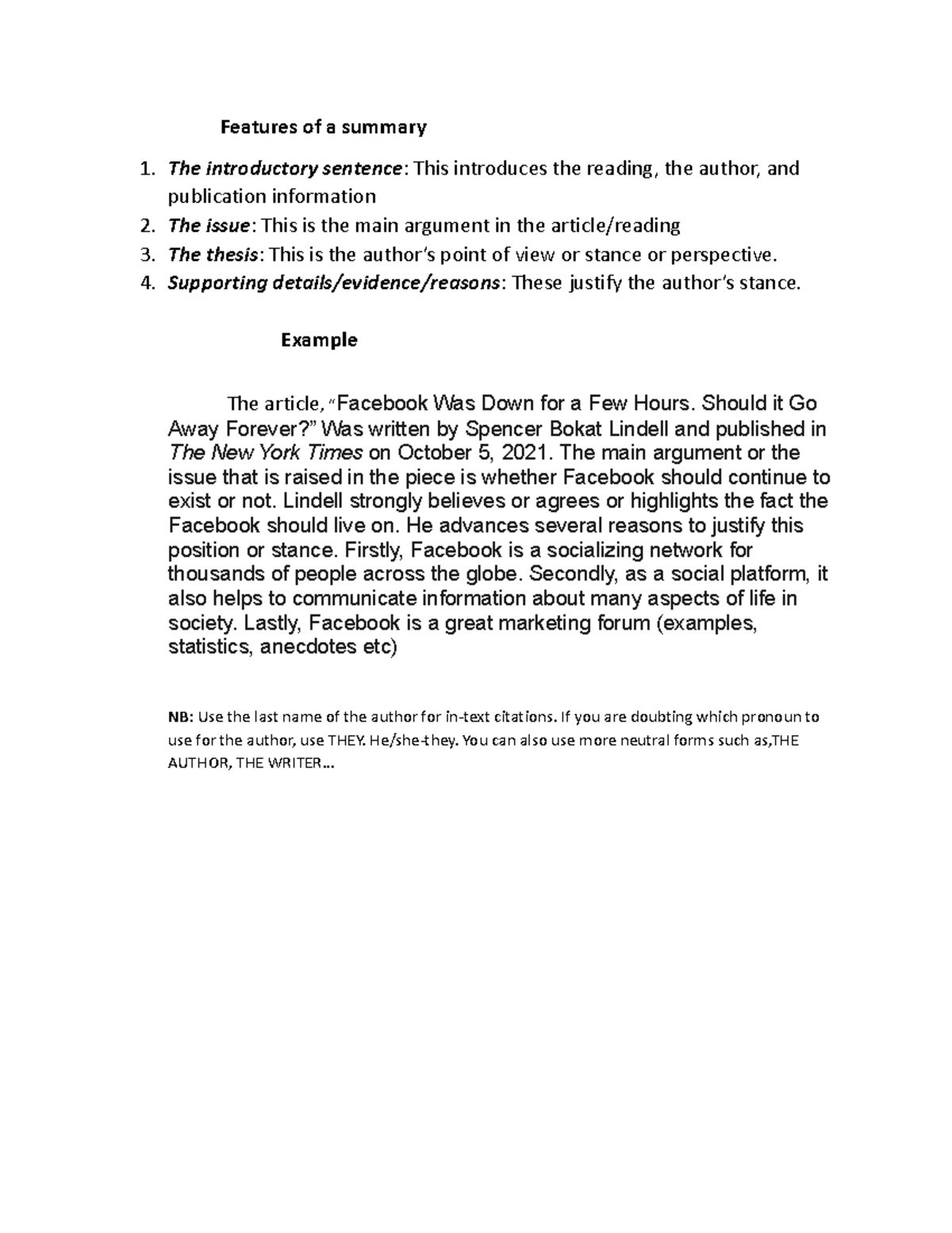 Features of a summary - notes - COMM 171 - Centennial College - Studocu