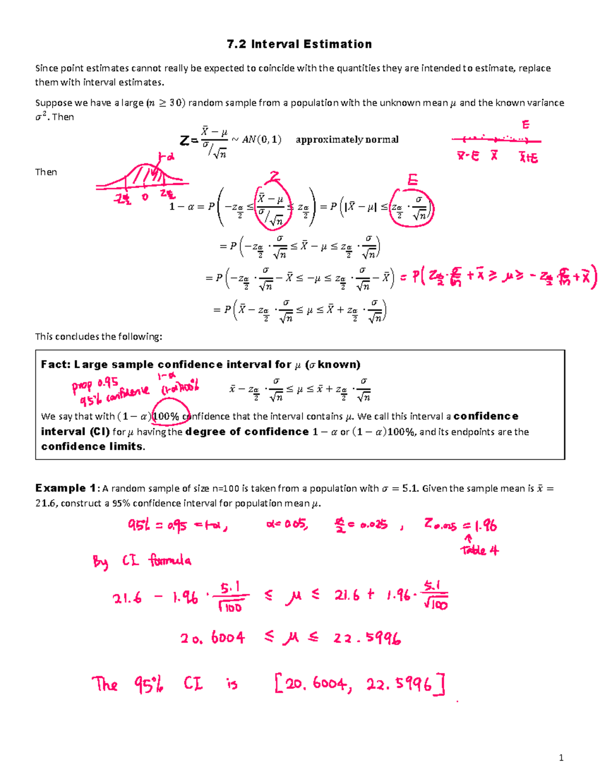 7 - Homework practice review - 1 7 Interval Estimation Since point ...