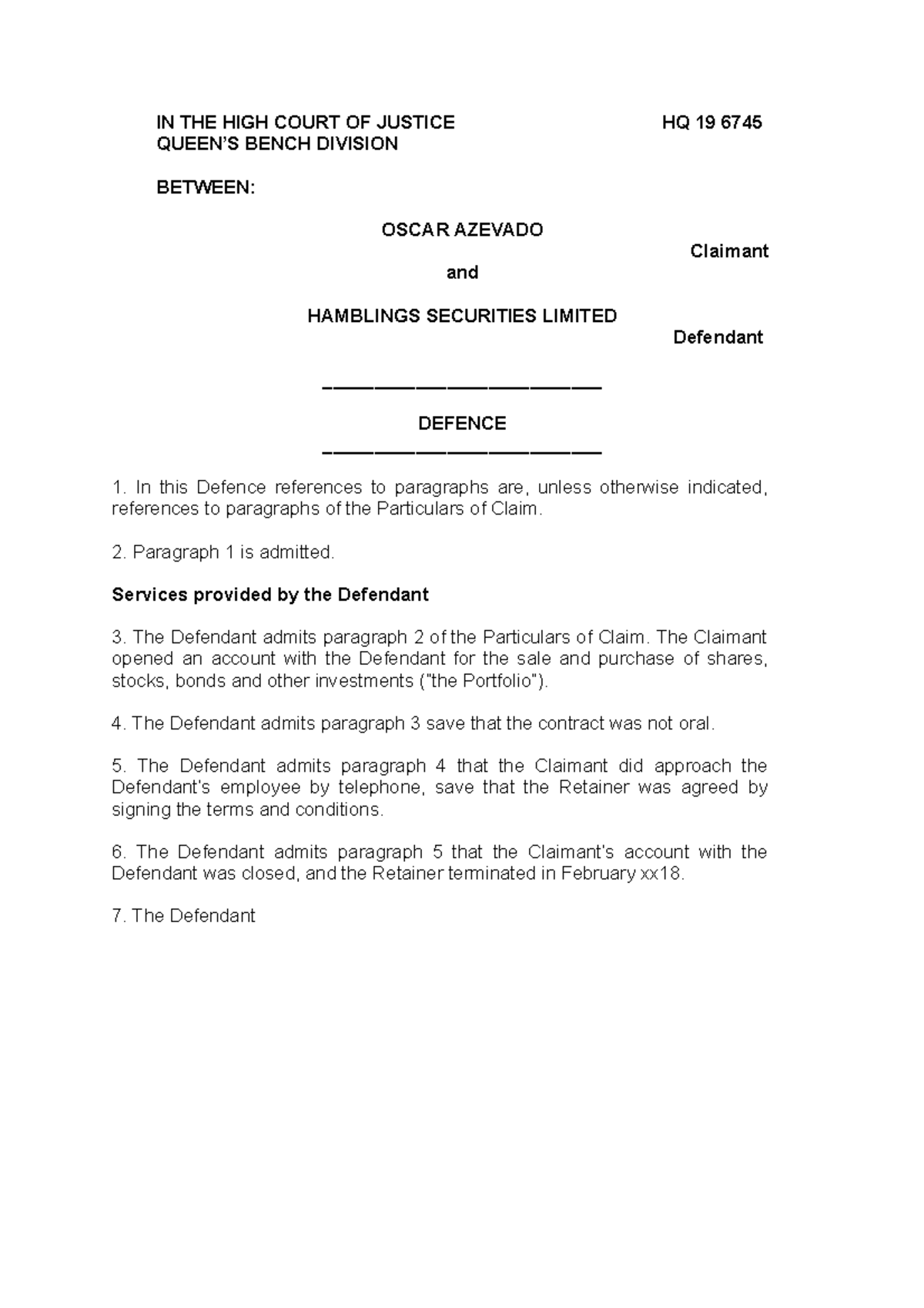 Draft Defence - IN THE HIGH COURT OF JUSTICE HQ 19 6745 QUEEN’S BENCH ...