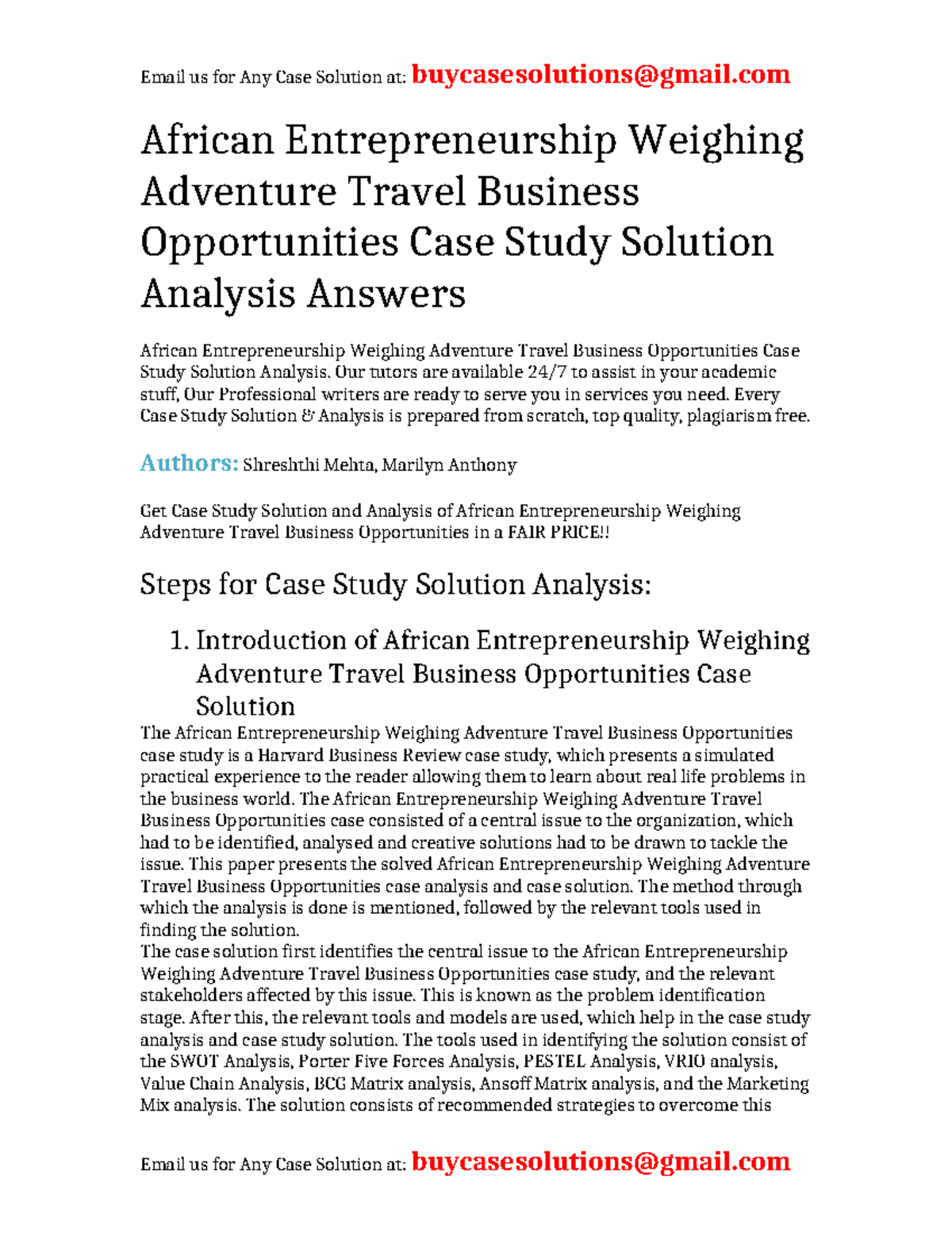Case Solution African Entrepreneurship Weighing Adventure Travel ...
