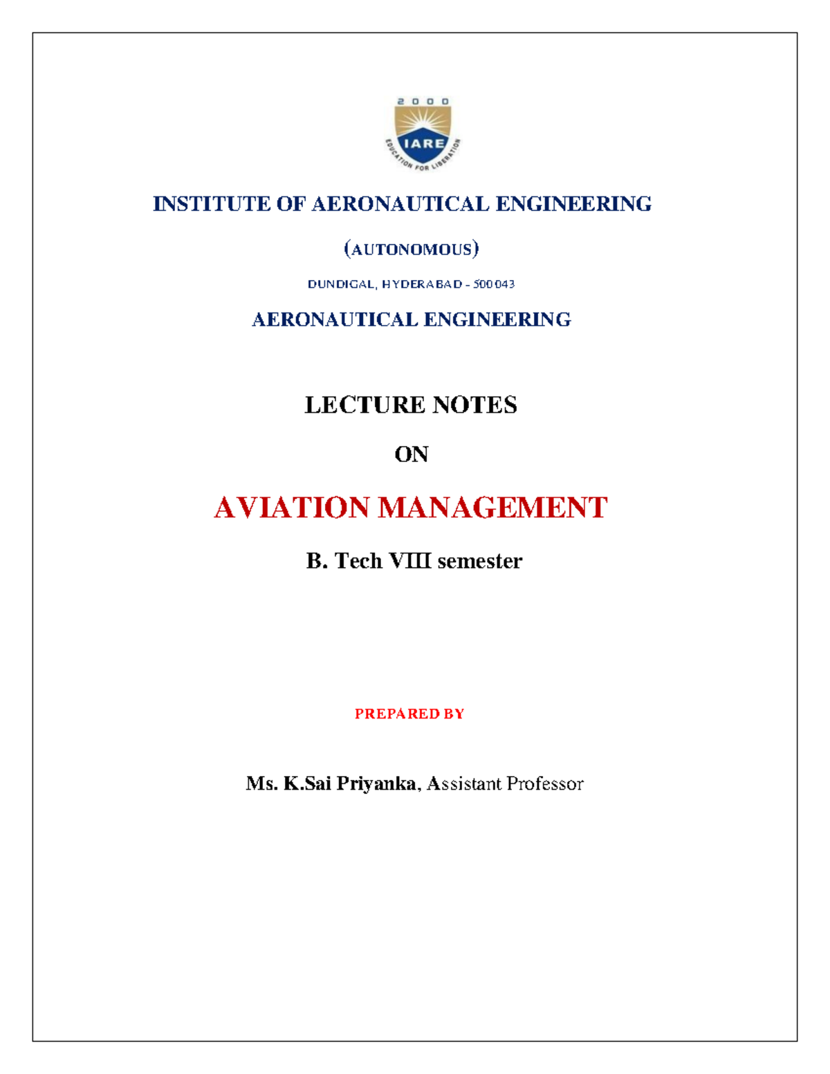 AM LT - ghj - INSTITUTE OF AERONAUTICAL ENGINEERING (AUTONOMOUS) DUNDIGAL, HYDERABAD - 500 043 ...
