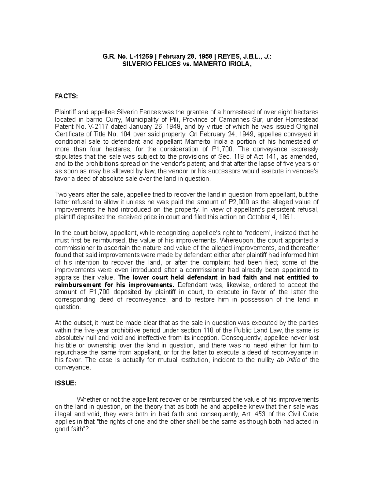 Felices v Iriola - Case digest - G. No. L-11269 | February 28, 1958 ...