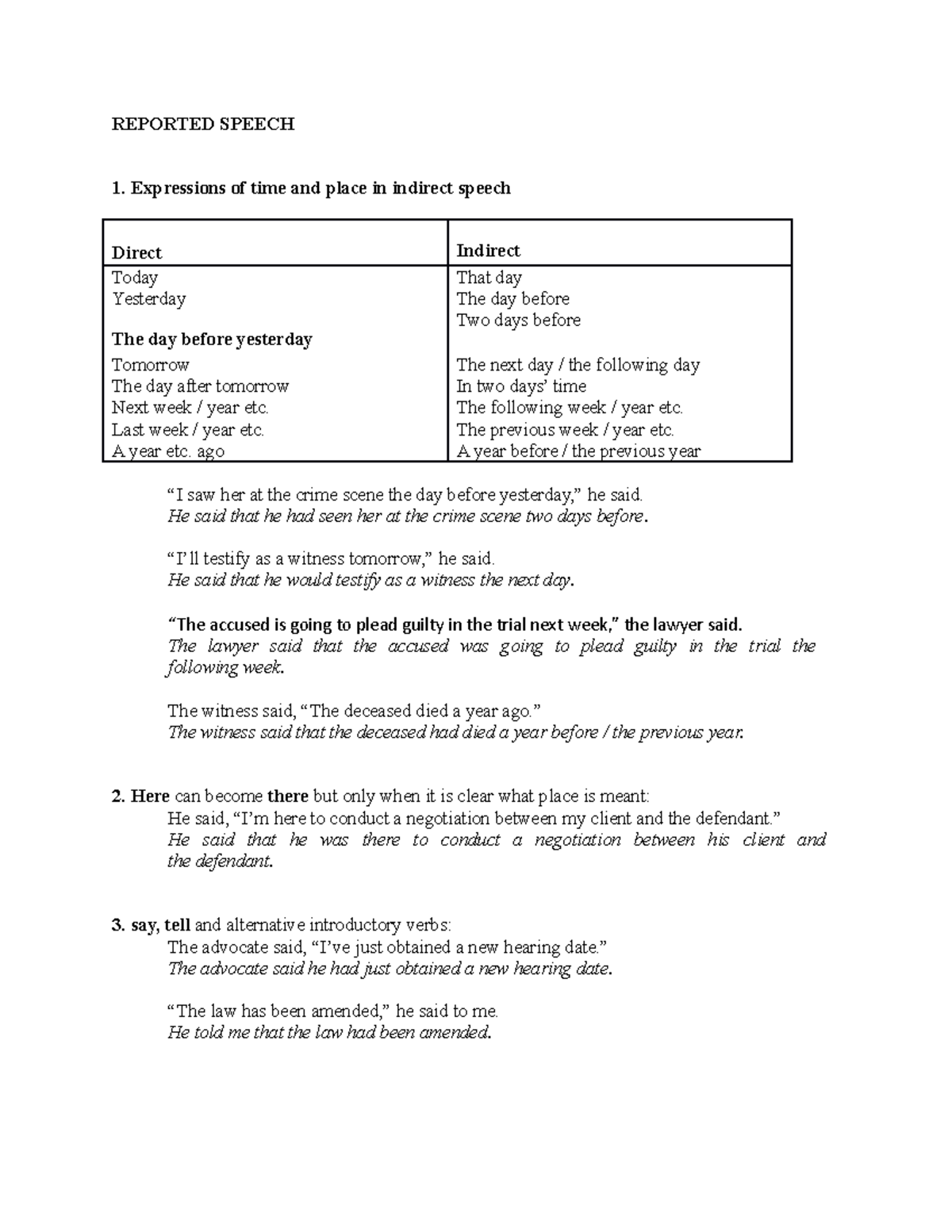 Reported Speech - REPORTED SPEECH Expressions of time and place in ...