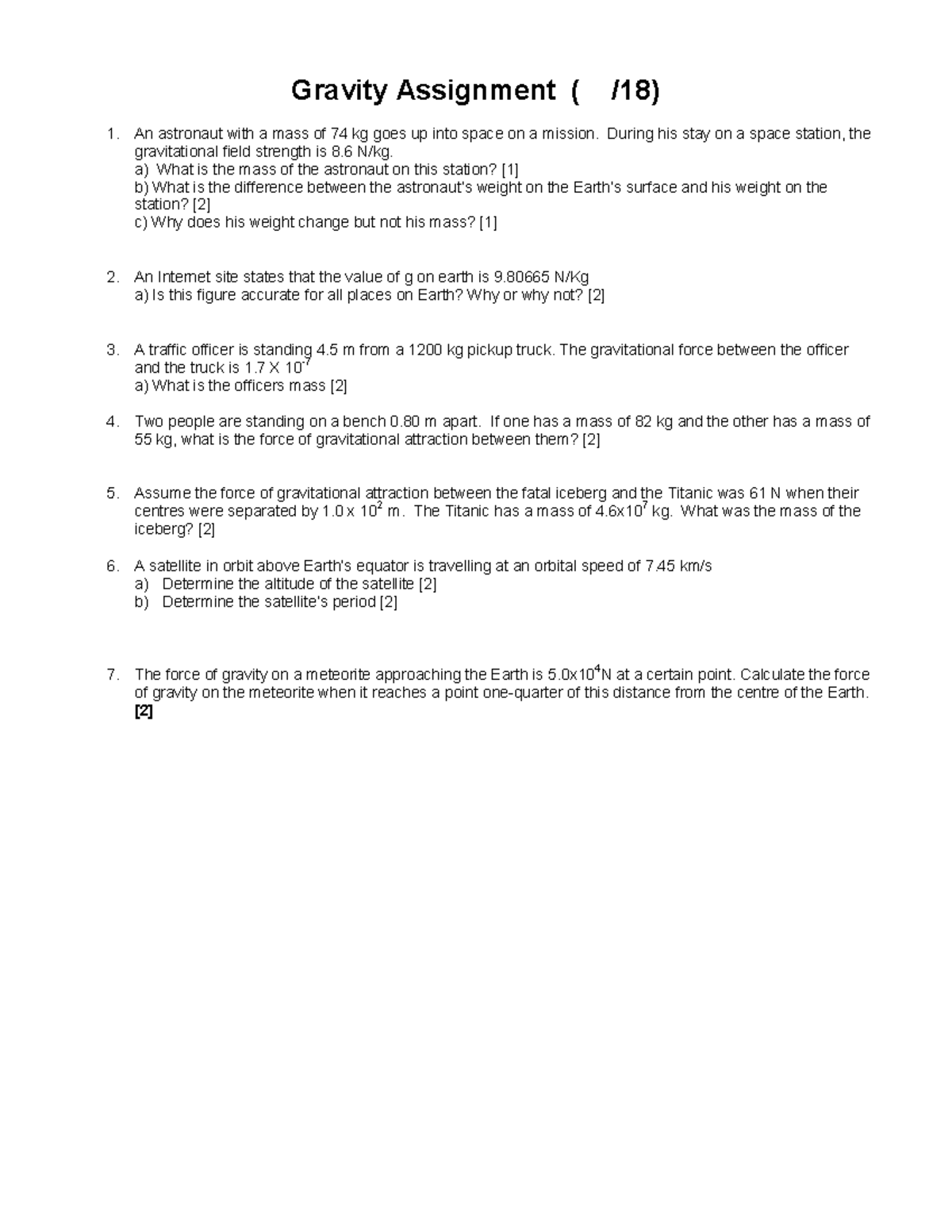 Gravity Assignment for Grade 12 Physics - Gravity Assignment ( /18) An ...