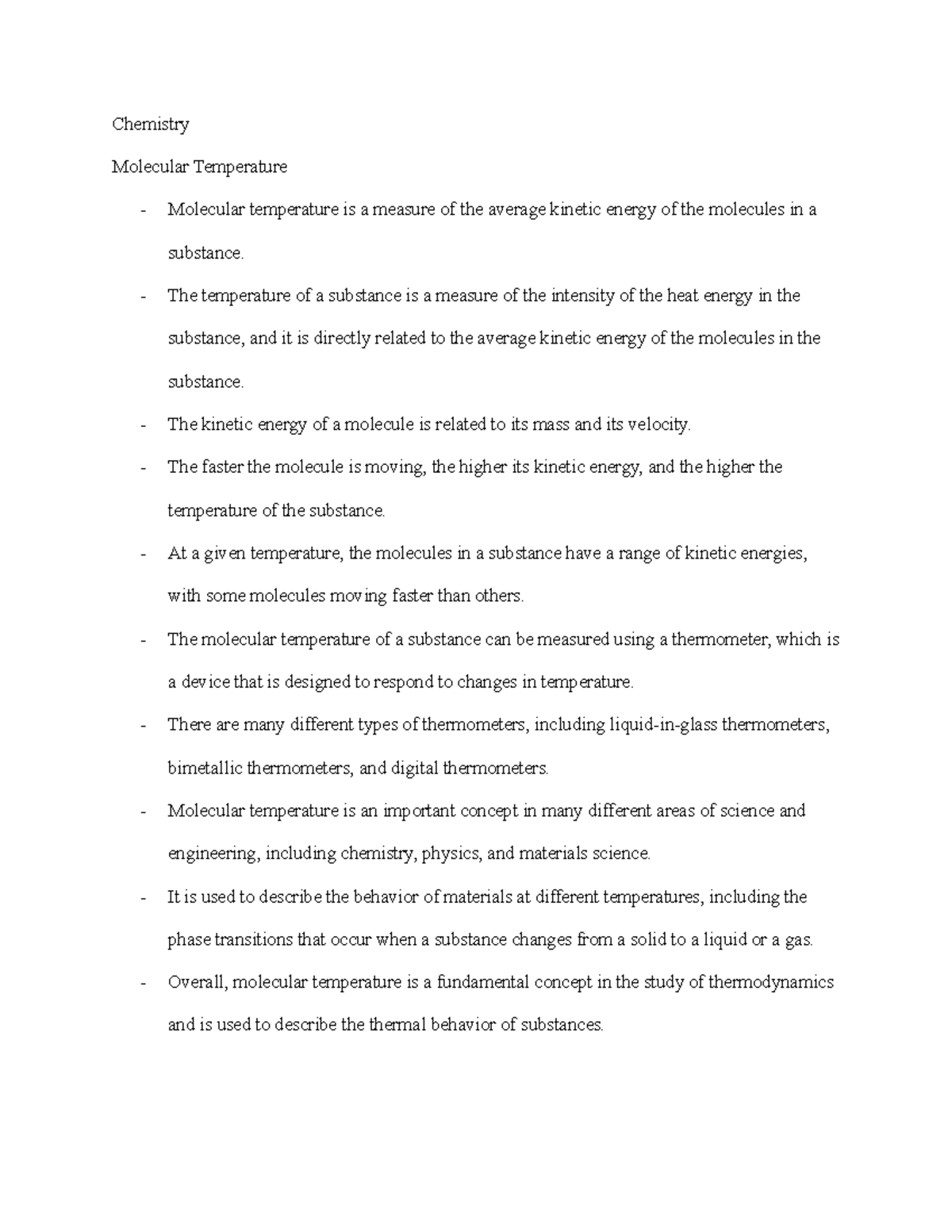 Chemistry-Molecular Temperature - The temperature of a substance is a ...