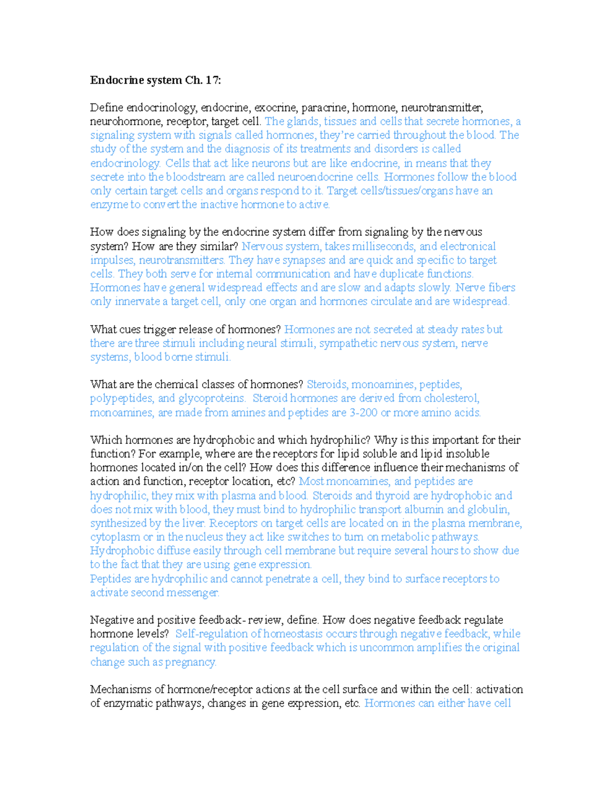 Review sheet endocrine system - Endocrine system Ch. 17: Define ...