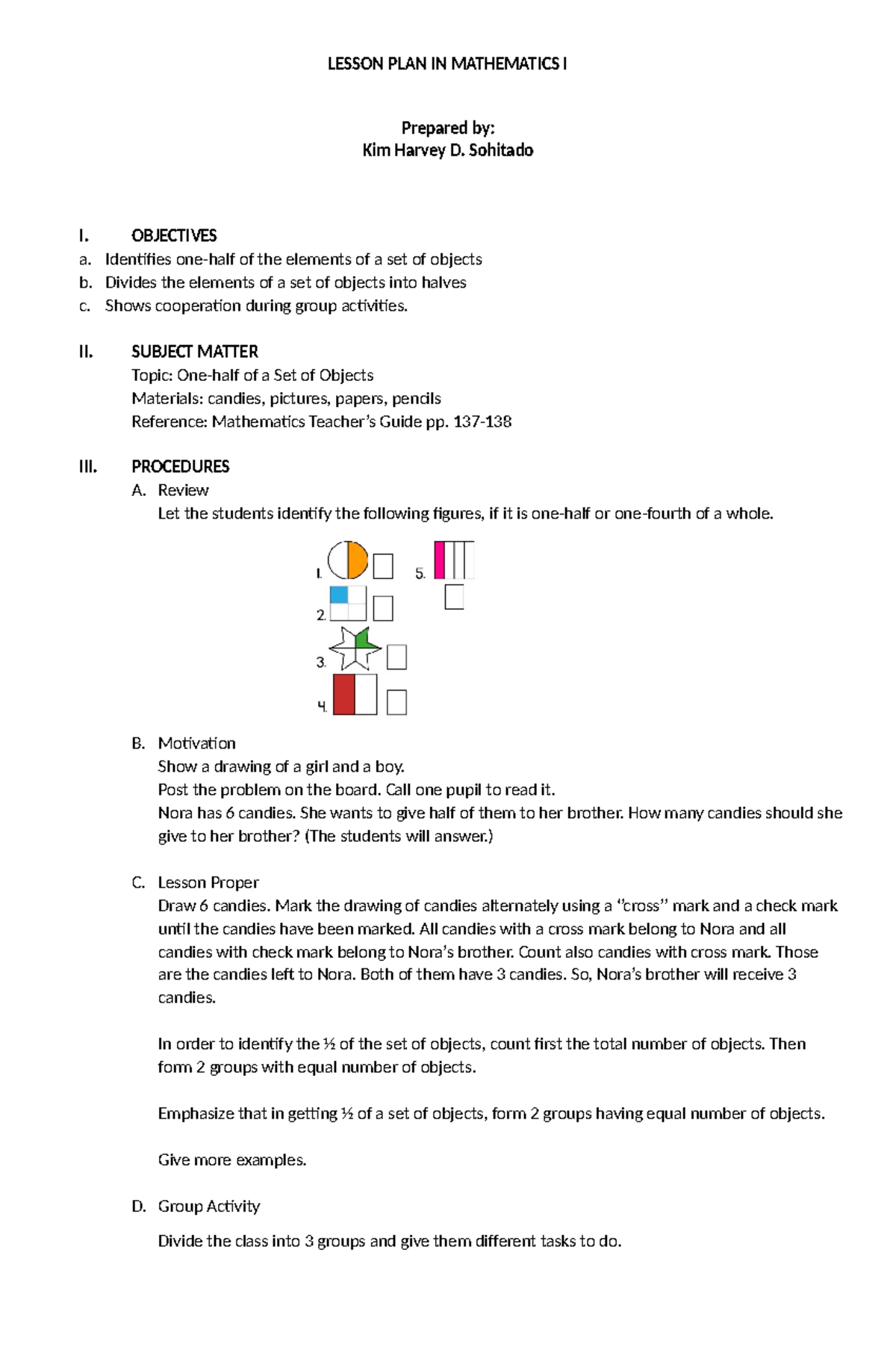 Lesson PLAN IN Mathematics I - LESSON PLAN IN MATHEMATICS I Prepared by ...