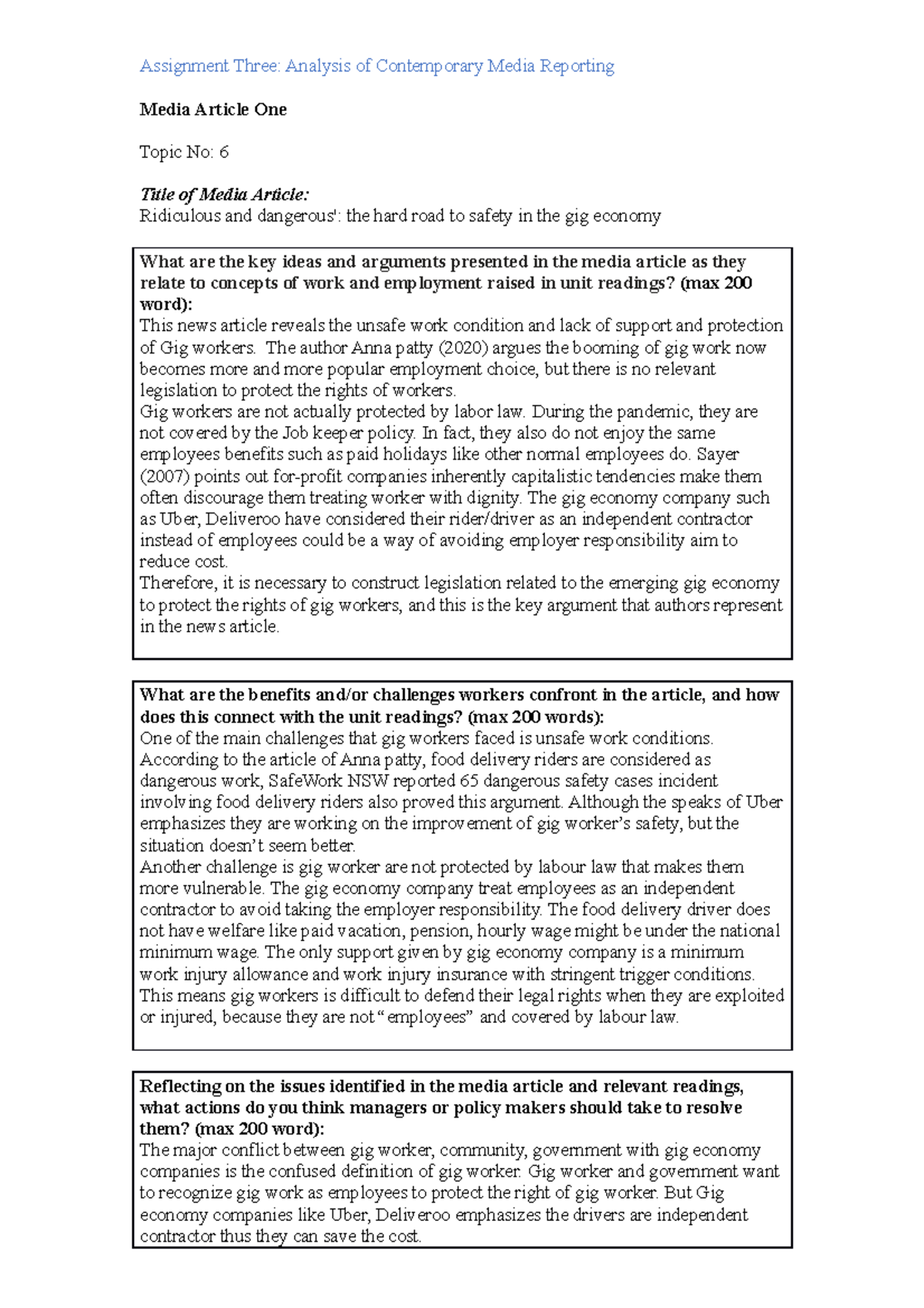 practical Assignment media article analysis - Media Article One Topic ...