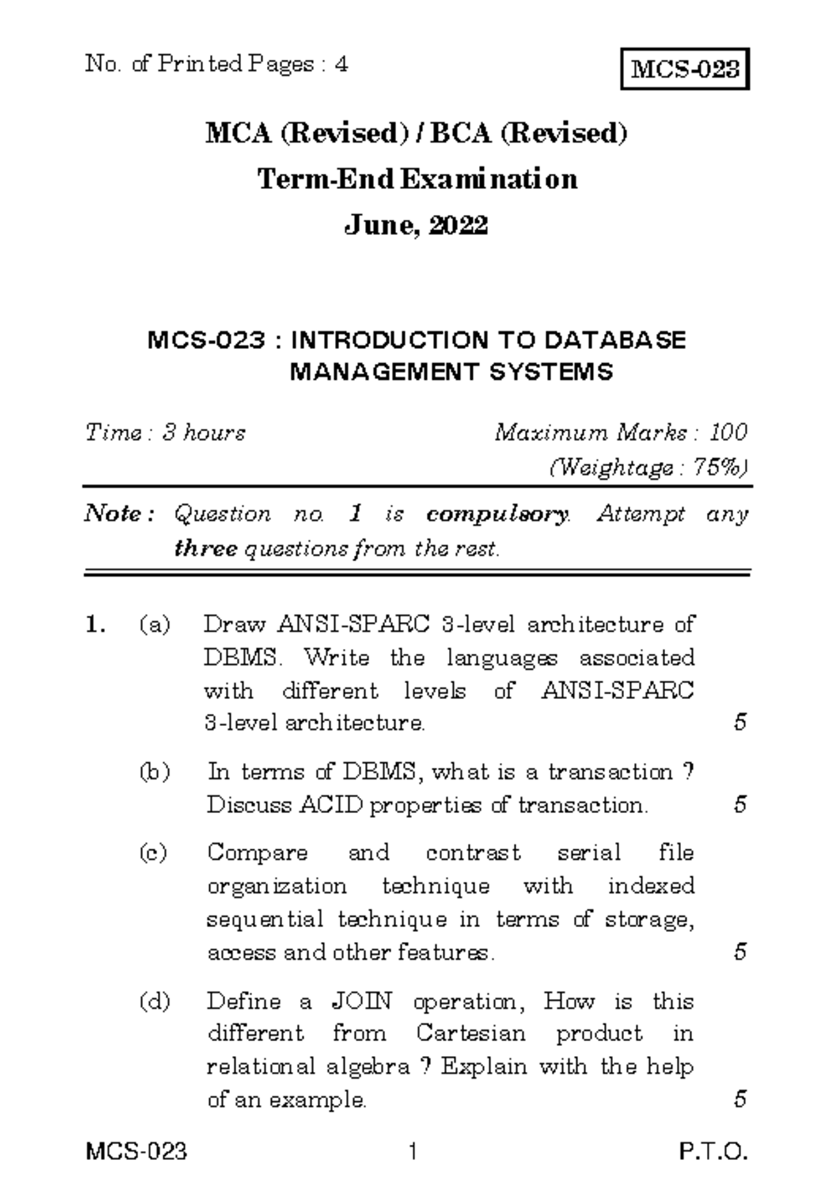 MCS-023 combined - ALL QUESTIONS - MCS-023 1 P.T. MCS- MCA (Revised) / BCA (Revised) Term-End ...
