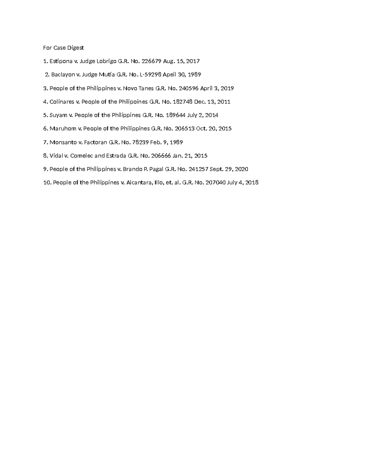 CJS - Case Digest. - For Case Digest Estipona v. Judge Lobrigo G. No ...