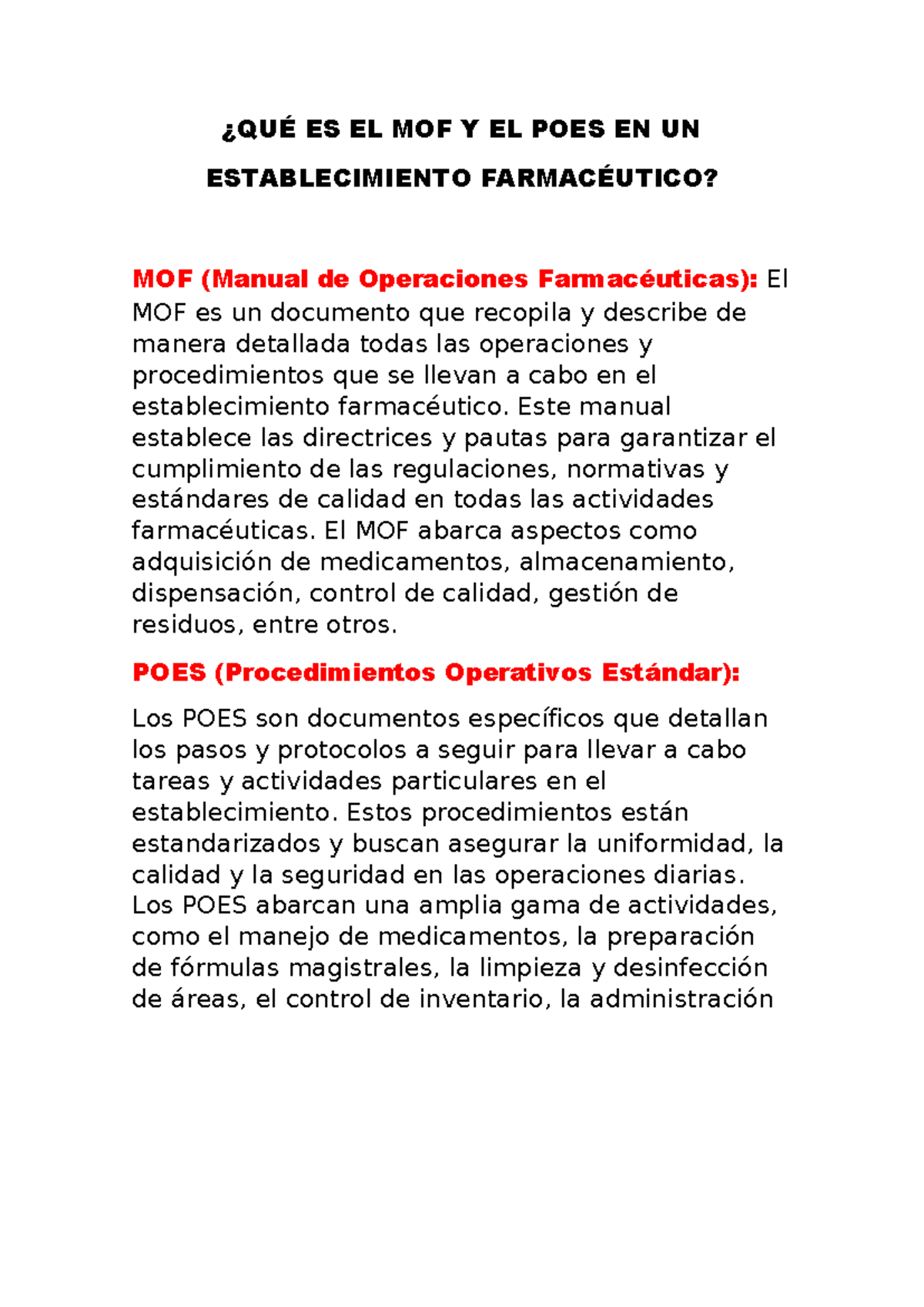 QUÉ ES EL MOF Y EL POES EN UN - ¿QUÉ ES EL MOF Y EL POES EN UN ESTABLECIMIENTO FARMACÉUTICO? MOF ...