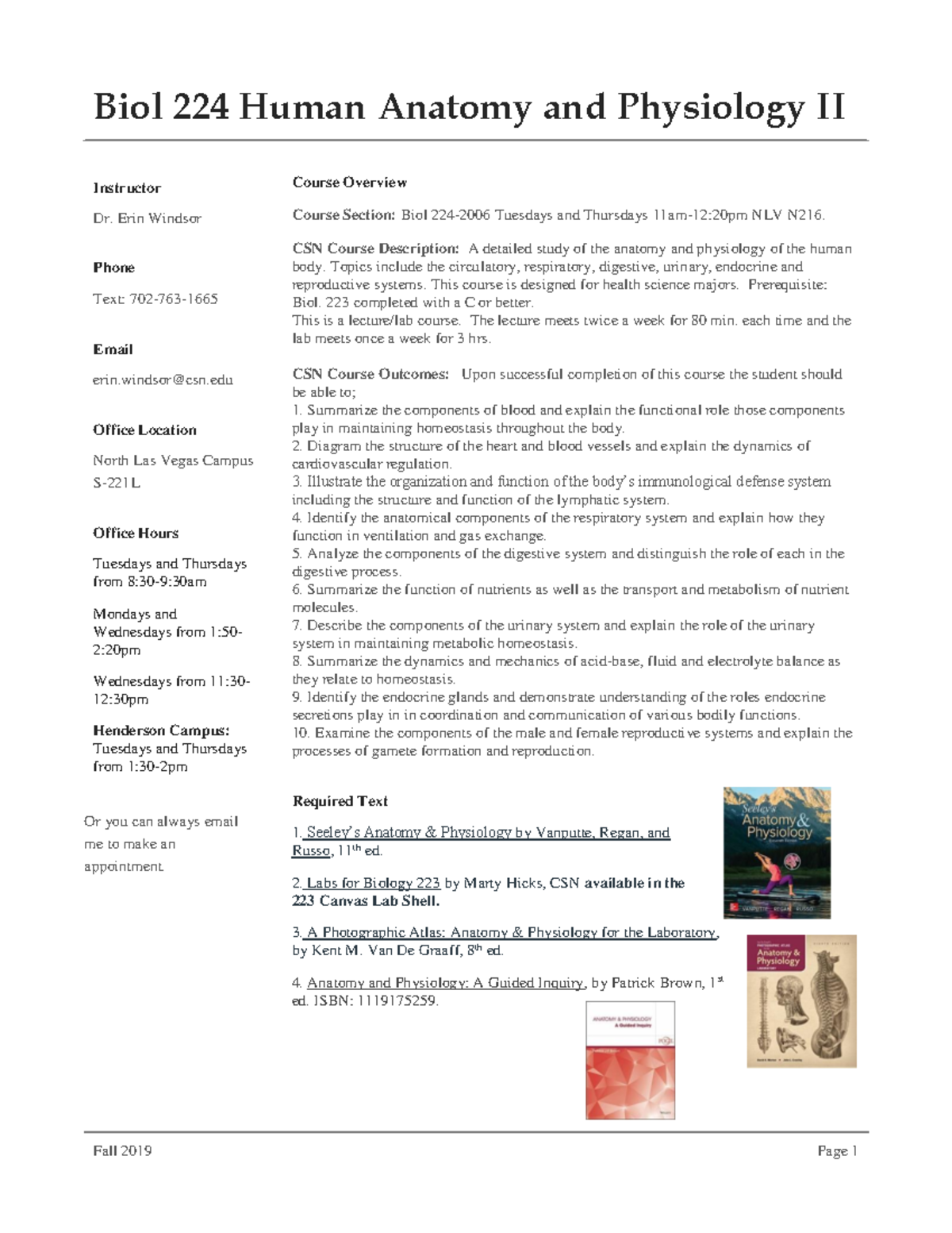 Biol 224 Fall 2019 syllabus - Biol 224 Human Anatomy and Physiology II ...
