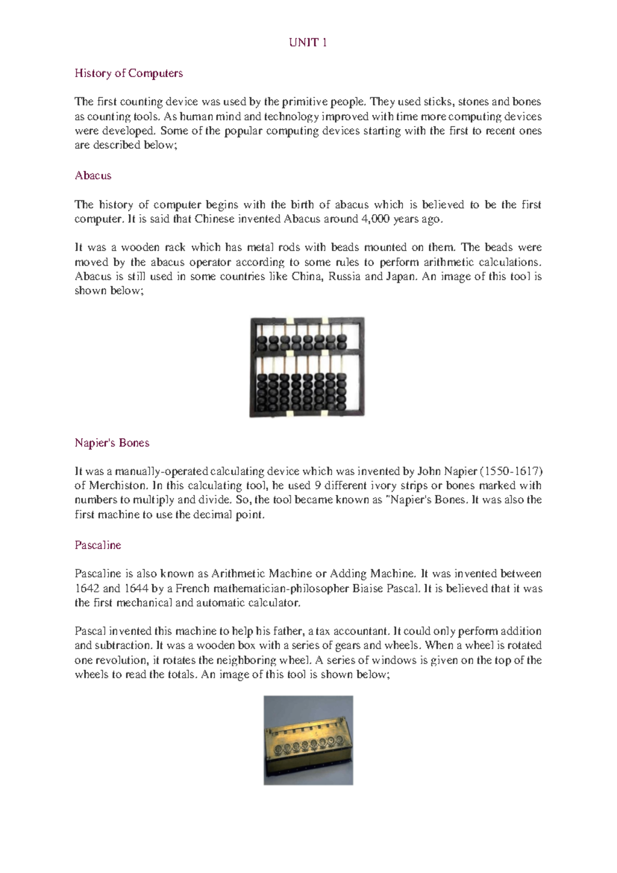 PST UNIT 1 - Pst unit 1 - UNIT 1 History of Computers The first ...