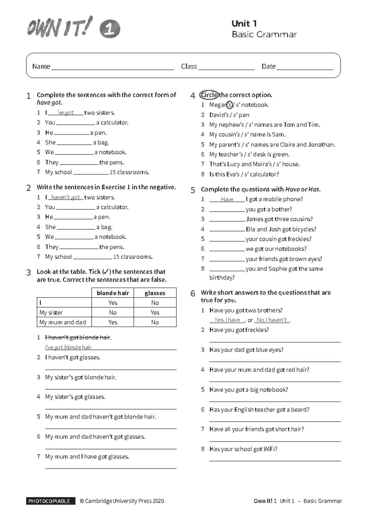 Basic Grammar Unit1 without answers - PHOTOCOPIABLE © Cambridge ...