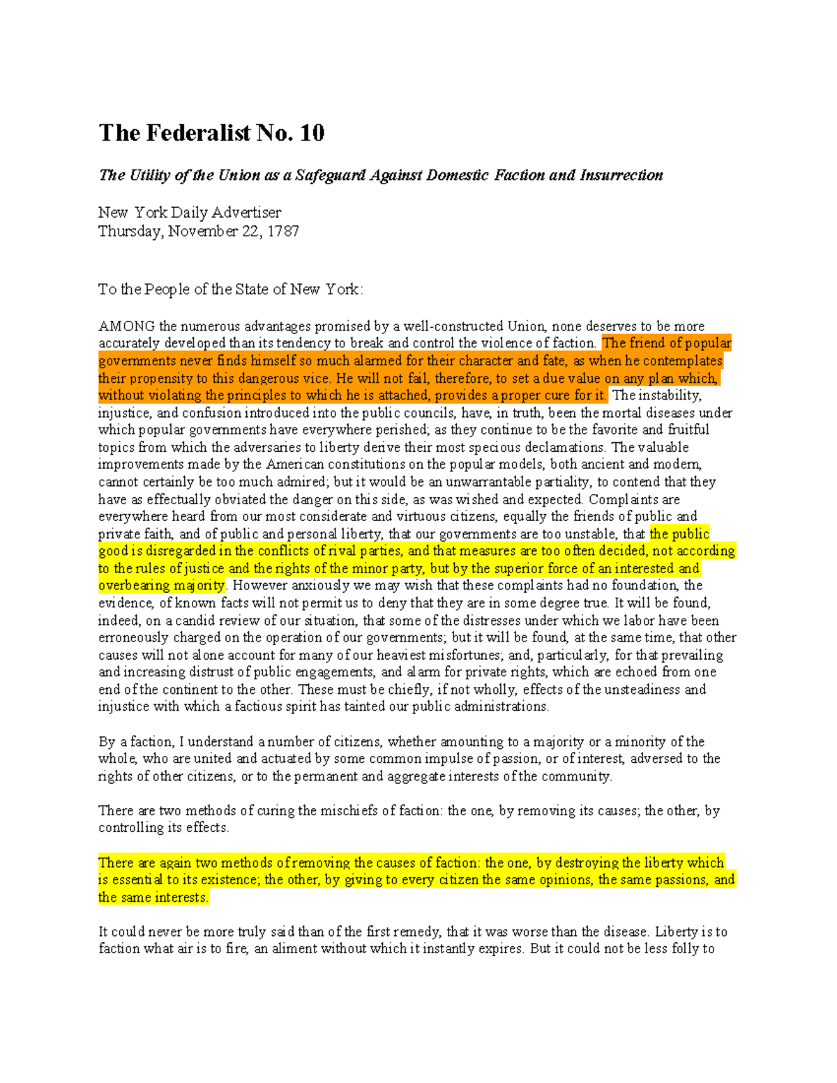Honors+Ch+7+Foner+Fed+10 - The Federalist No. 10 The Utility of the ...