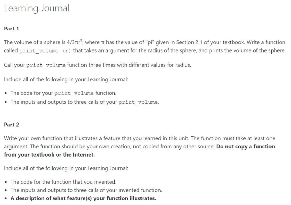 Learning Journal Unit 1 CS1101 - Learning Journal Part 1 The volume of a sphere is where Tt has ...