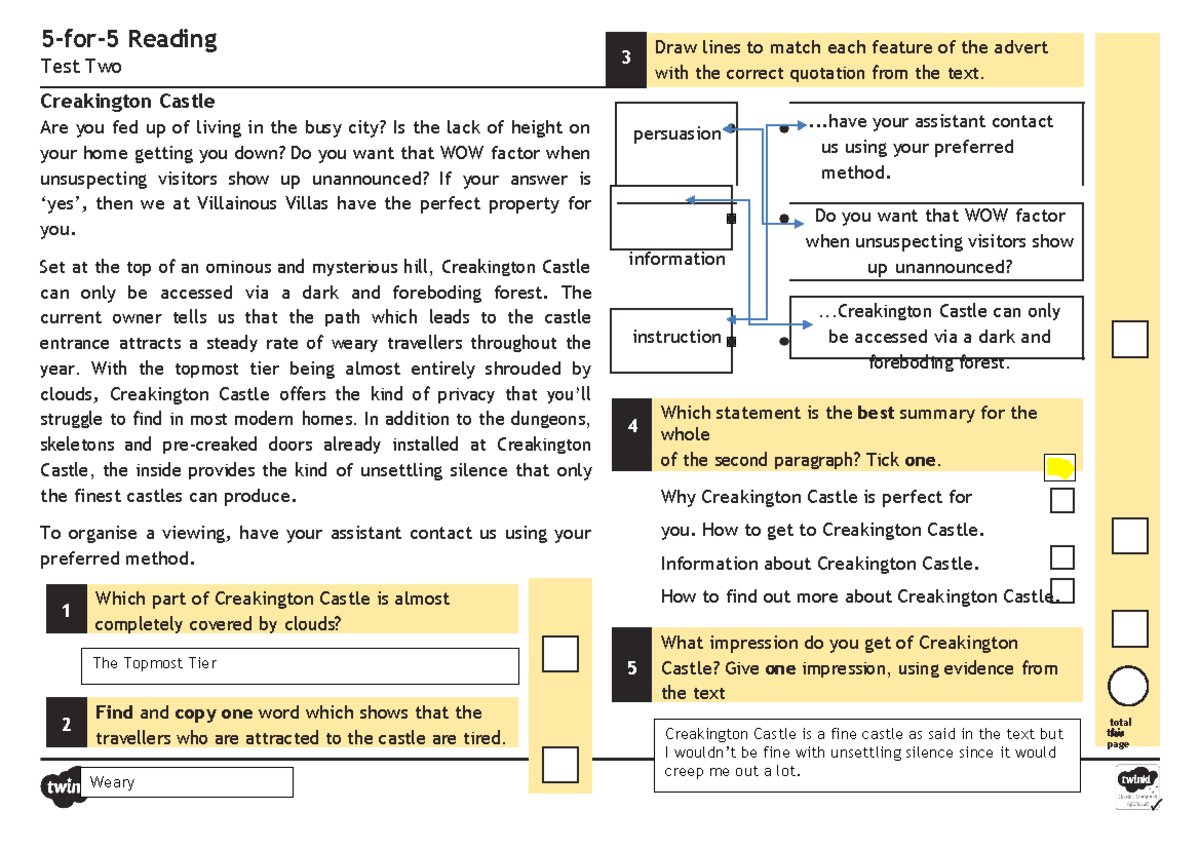 5-for-5 Reading Test 2 Questions - this page total for 5-for-5 Reading ...