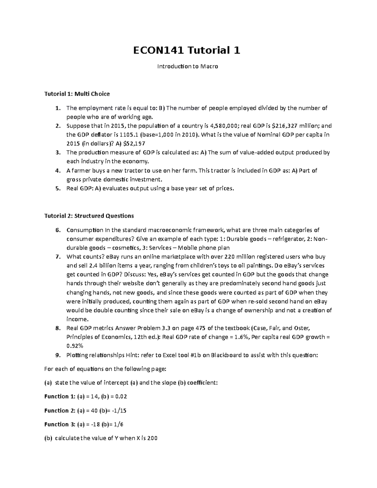 Econ141 Tutorial 1 Introduction To Macro Econ141 Tutorial 1 Introduction To Macro Tutorial 1