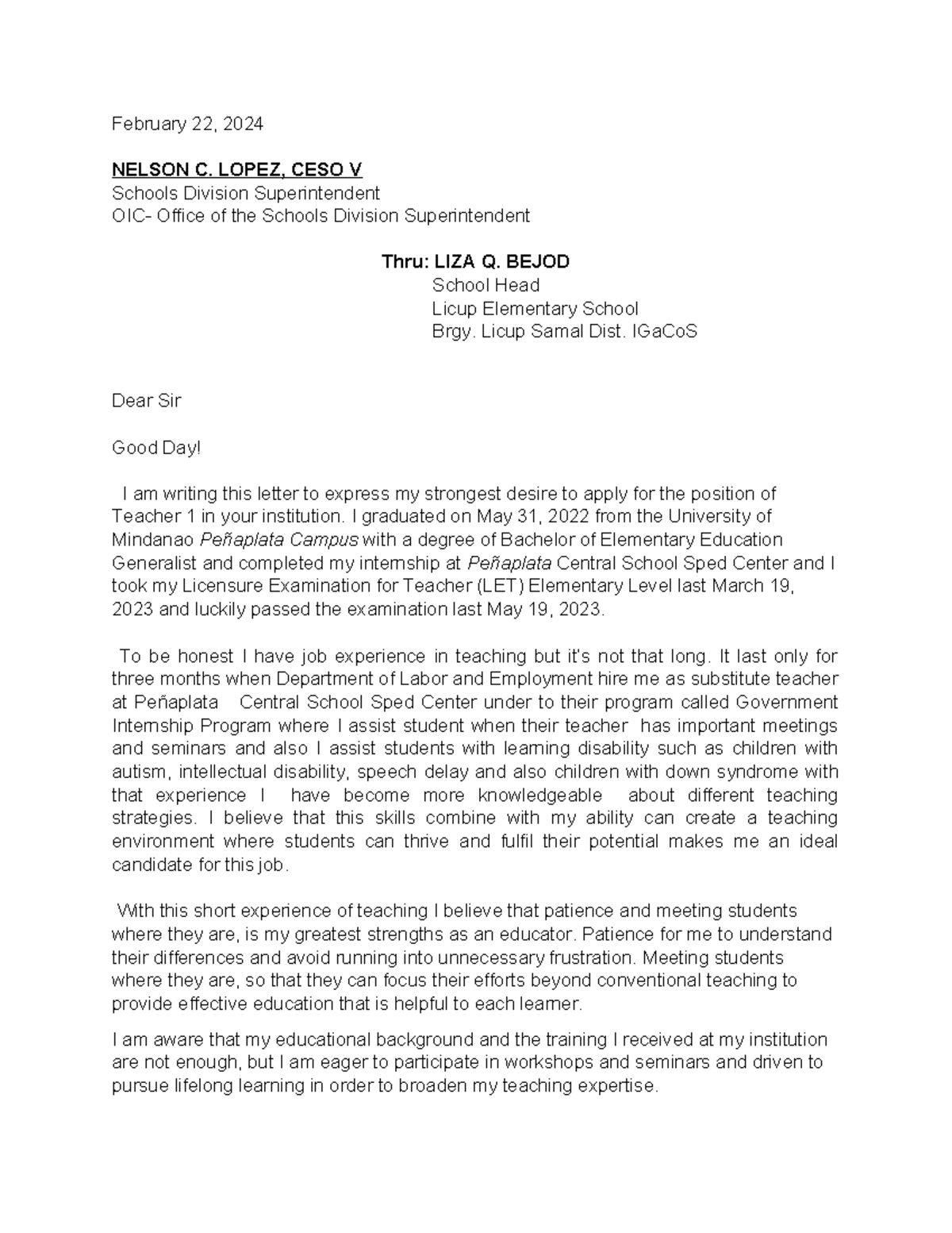 Letter of intent - sample - February 22, 2024 NELSON C. LOPEZ, CESO V ...