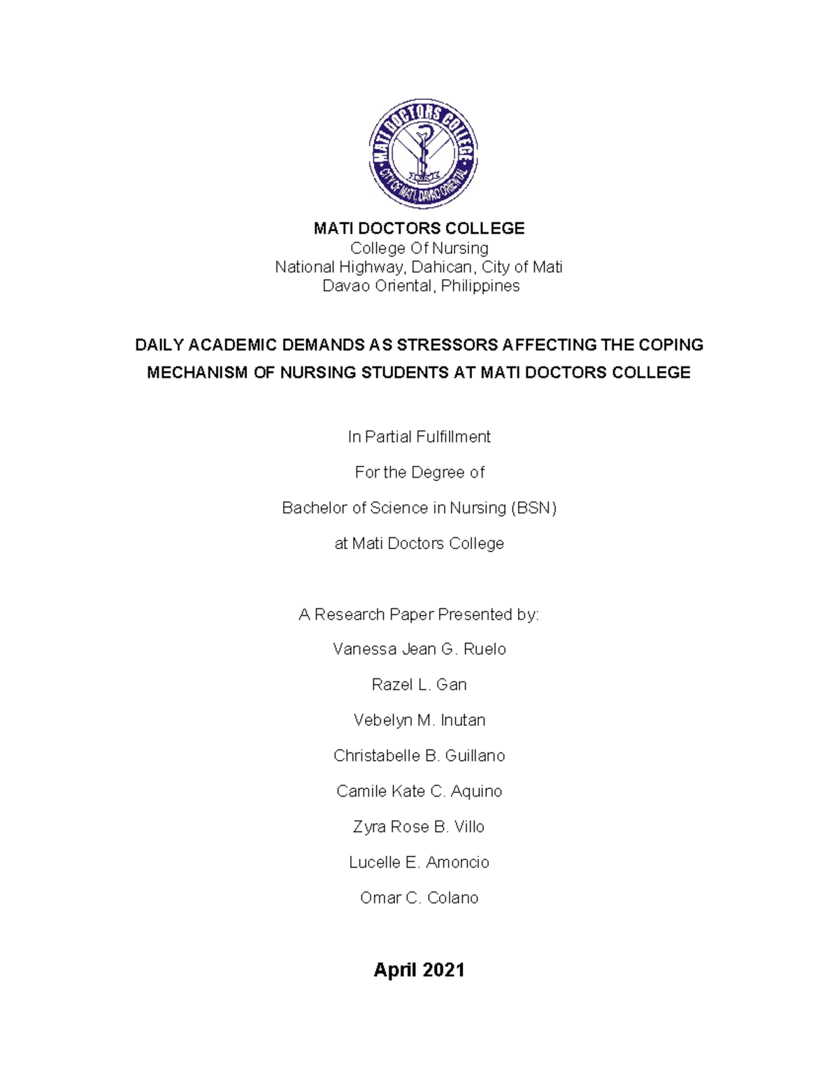 0 Front PAGE - RESEARCH - MATI DOCTORS COLLEGE College Of Nursing ...