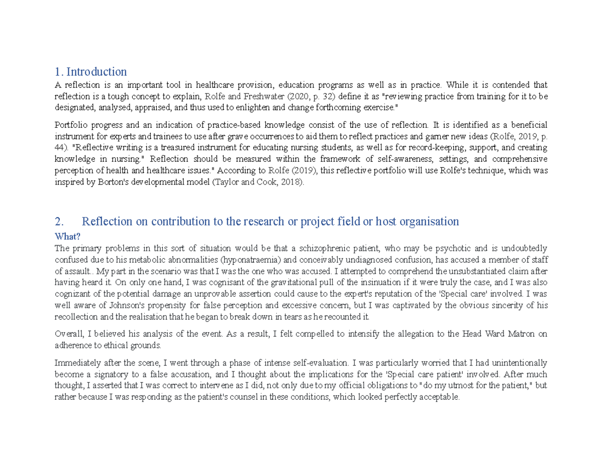 Reflective portfoliio on a trainee - 1. Introduction A reflection is an ...