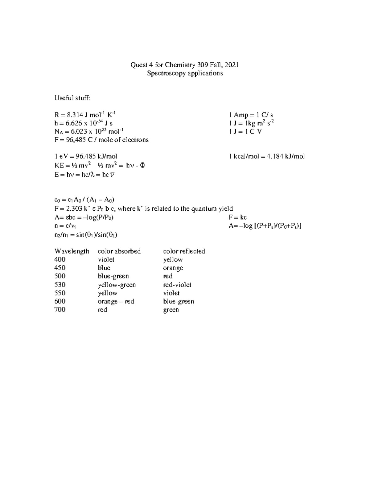 Quest 4 2021 - Quest 4 for Chemistry 309 Fall, 2021 Spectroscopy ...