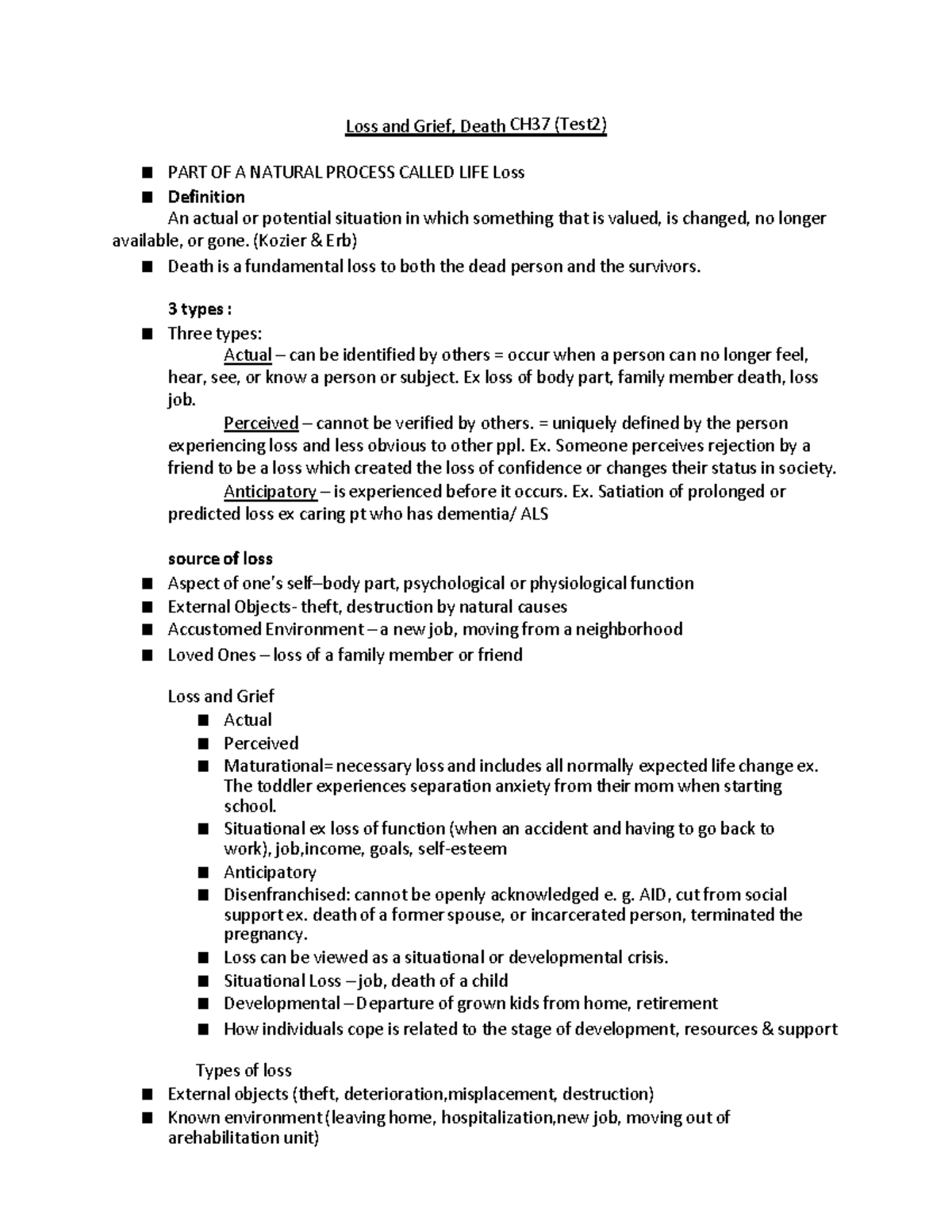 Loss and Grief studyguide - Loss and Grief, Death CH37 (Test2) PART OF ...