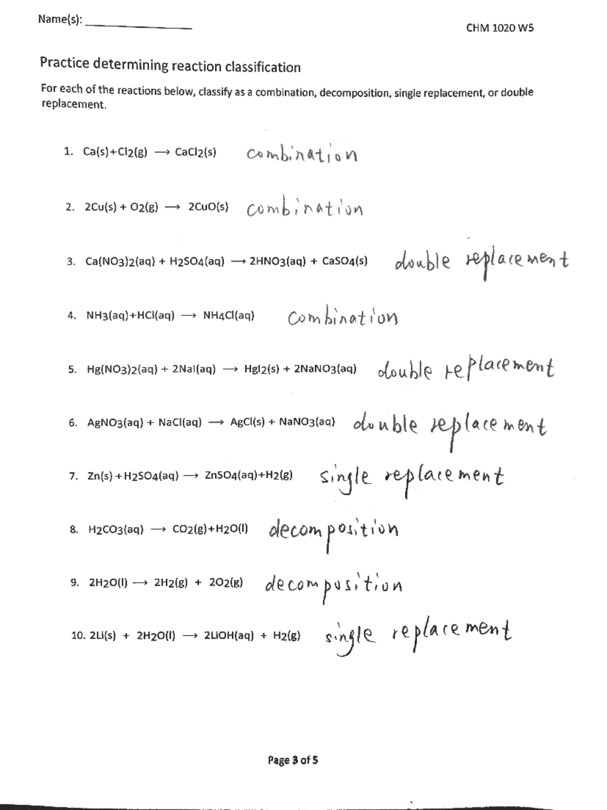 Week 5 lab assignments solution - Name(s): CHM 1020 W5 Practice determining reaction ...