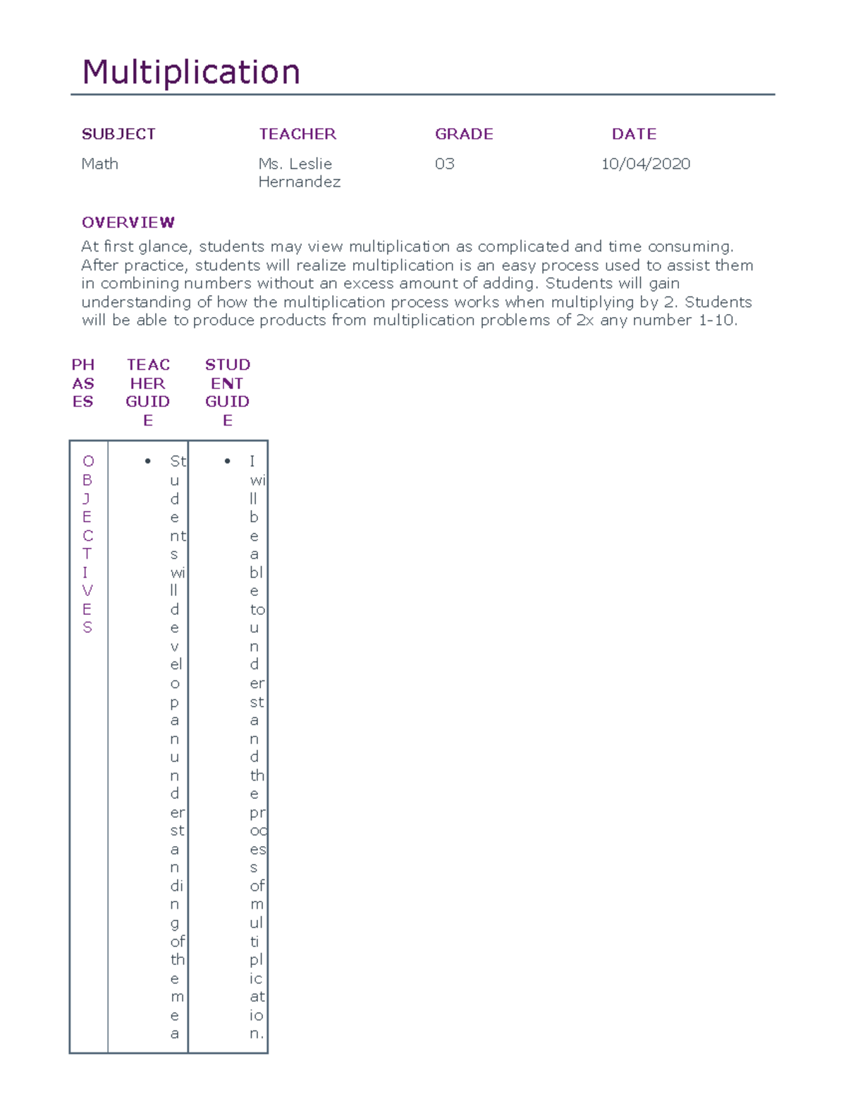 Lesson Plan- Multiplication - Multiplication SUBJECT TEACHER GRADE DATE ...