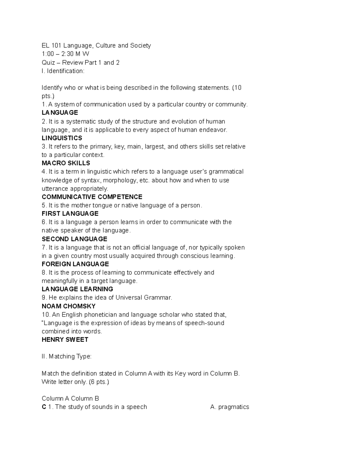 Sonza EL101 QUIZ - gdgdg - EL 101 Language, Culture and Society 1:00 ...