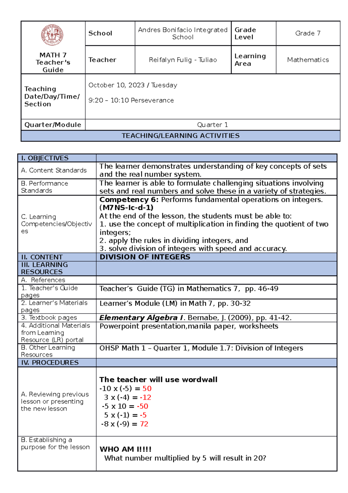 COT-division of integers - MATH 7 Teacher’s Guide School Andres ...