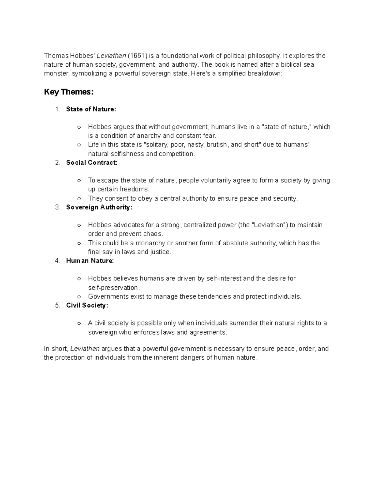 Leviathan (1651) - notes - Thomas Hobbes' Leviathan (1651) is a ...