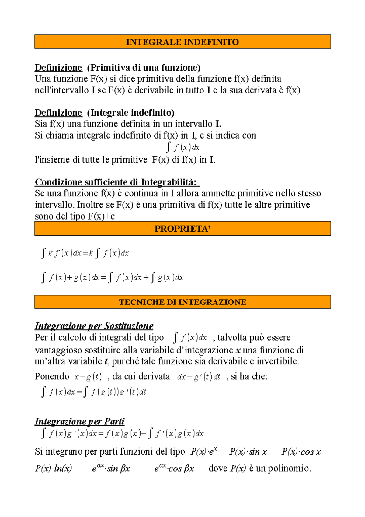 Integrali - INTEGRALE INDEFINITO Definizione (Primitiva di una funzione ...