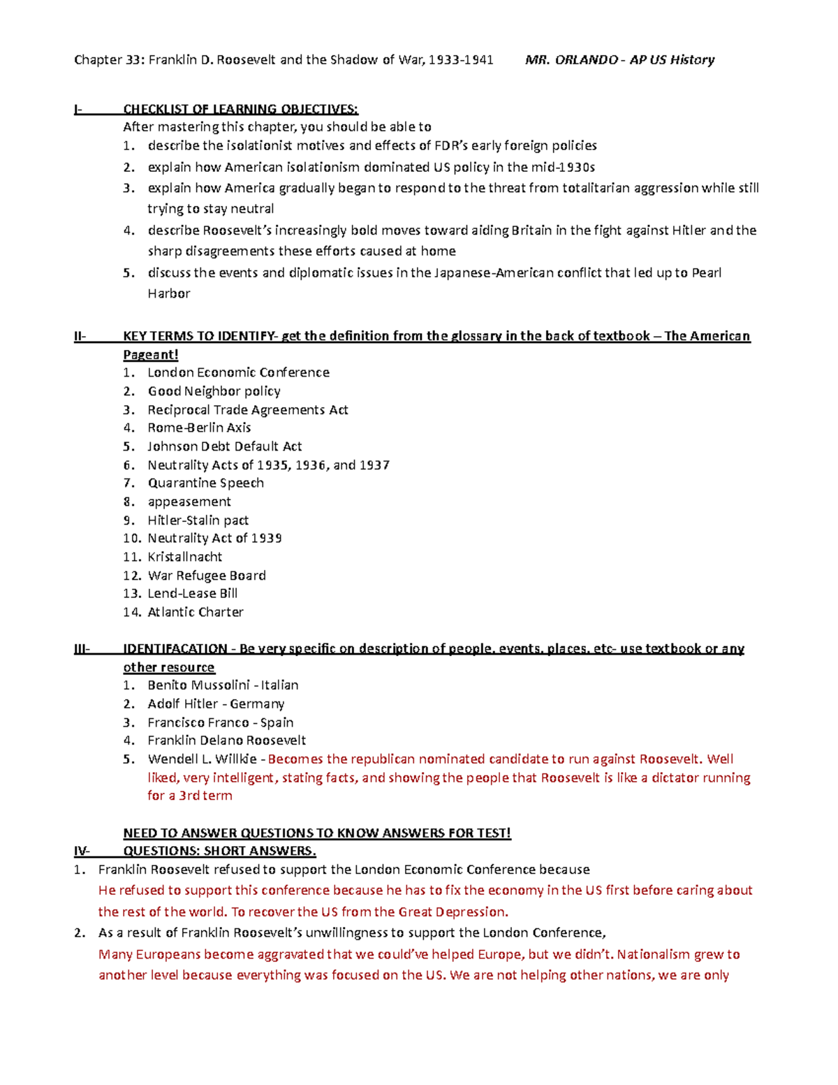 Ch 33 packet questions - I- CHECKLIST OF LEARNING OBJECTIVES: After ...