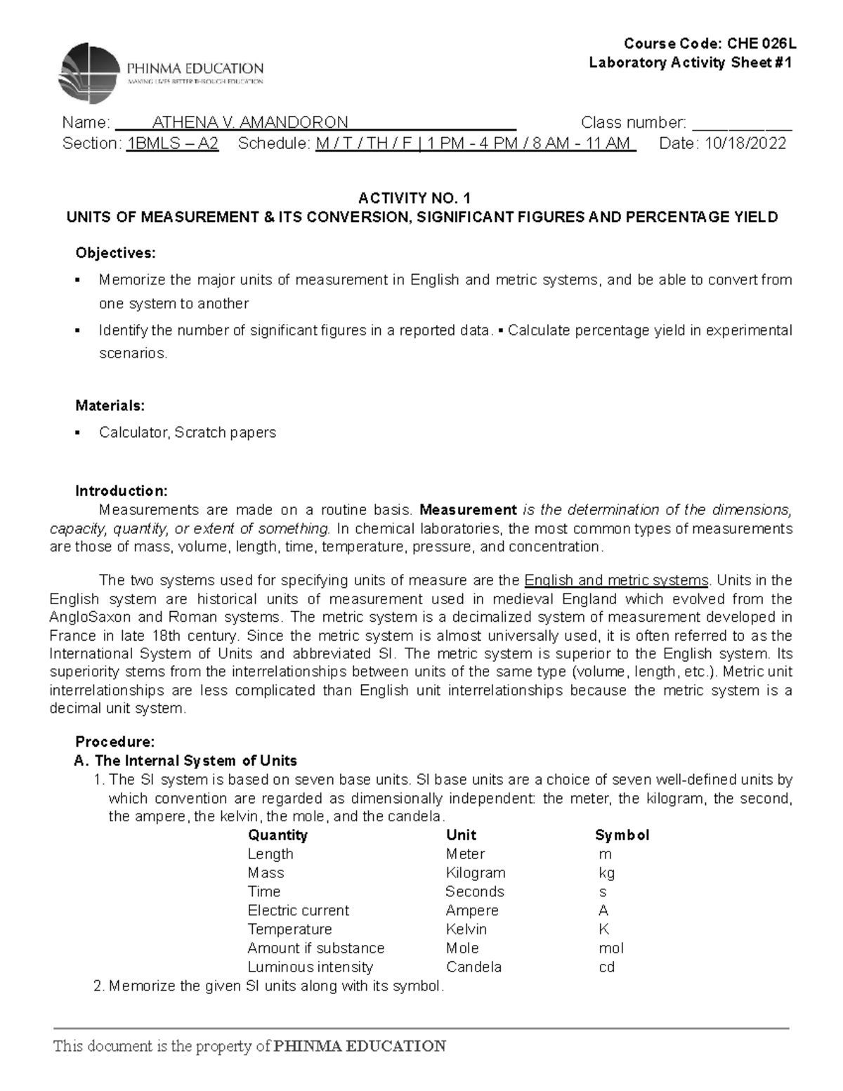 LAS#1 - Amandoron - LAB MANUAL - Laboratory Activity Sheet Name: ATHENA ...