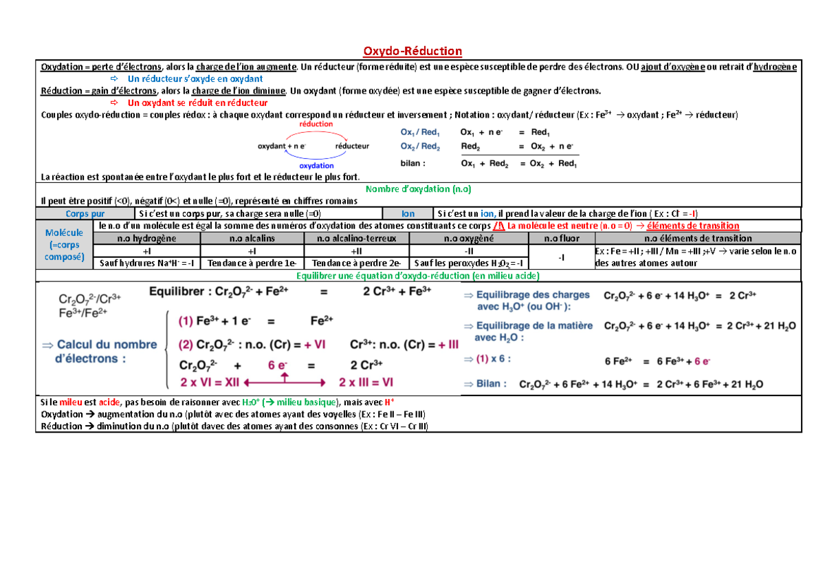 Oxydo-reduction - Chimie - UE1, Chimie, Biochimie, Génome - UPS - Studocu