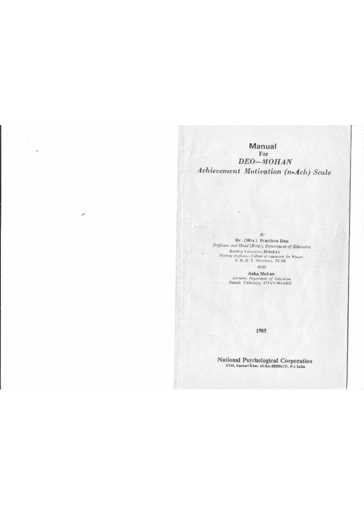 607814167 Deo Mohan Achievement Motivation Manual - Practicum: Industrial and Organisational ...