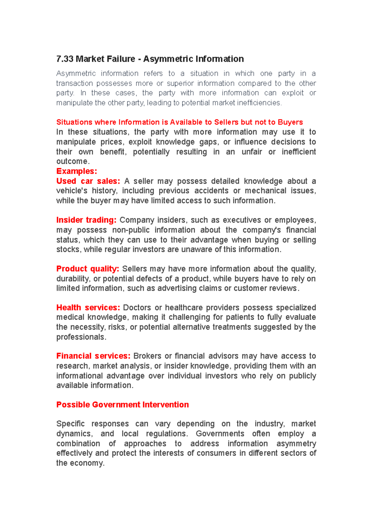 7.33 Market Failure - Asymmetric Information - 7 Market Failure ...