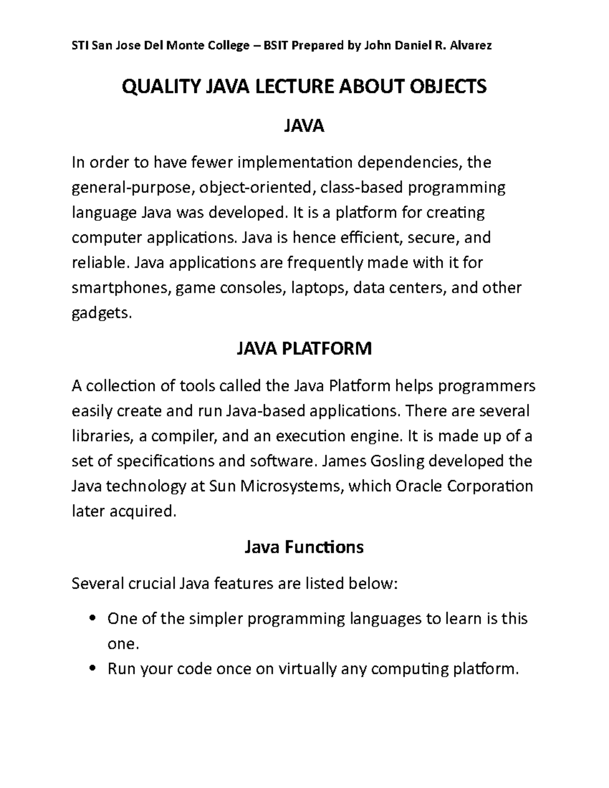 Quality Java Lecture About Objects Quality Java Lecture About Objects Java In Order To Have