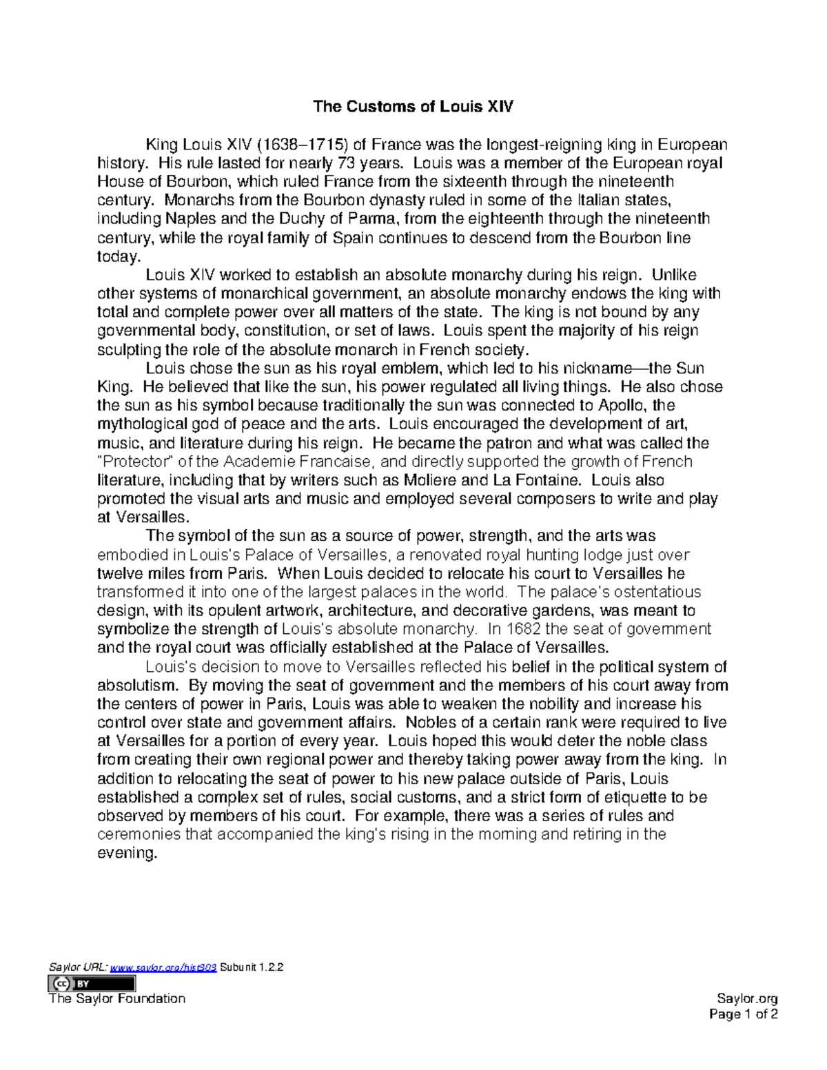Customs of Louis XIV - Saylor URL: saylor/hist303 Subunit 1. The Saylor ...