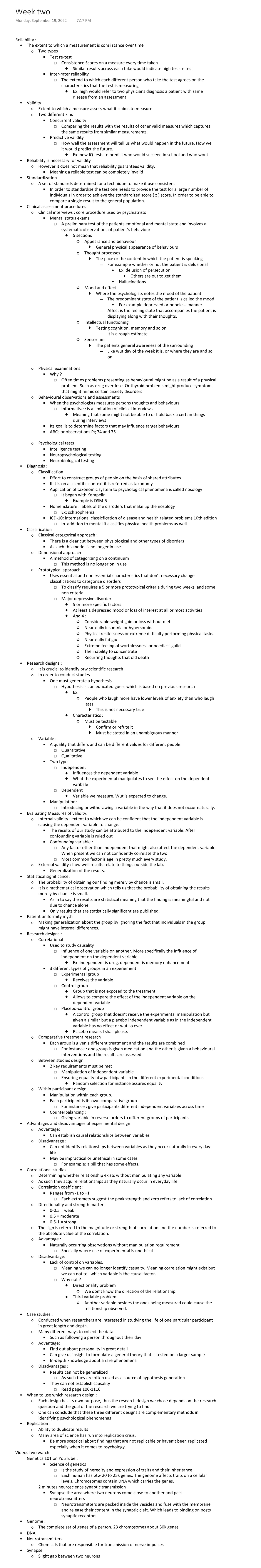 Week 2 - Second week lecture notes - Reliability : The extent to which ...