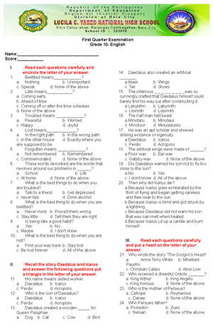 Second Quarter TEST English 10-A - Second Quarter Examination Grade 10 ...
