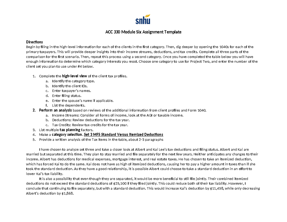 ACC 330 Module Six Assignment - Then, dig deeper by opening the 1040s ...