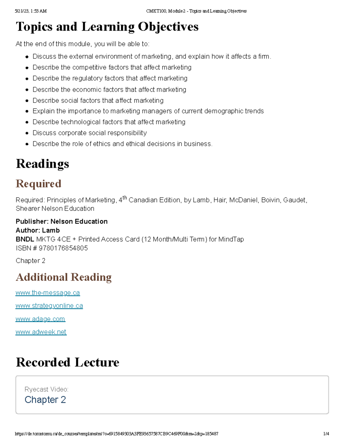 C MKT100, Module 2 - Topics and Learning Objectives - Topics and ...