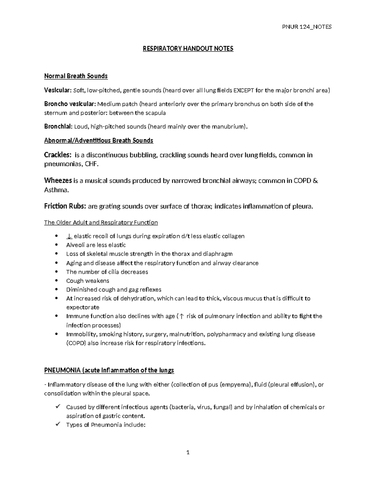 Respiratory Handout - PNUR 1241 - RESPIRATORY HANDOUT NOTES Normal ...