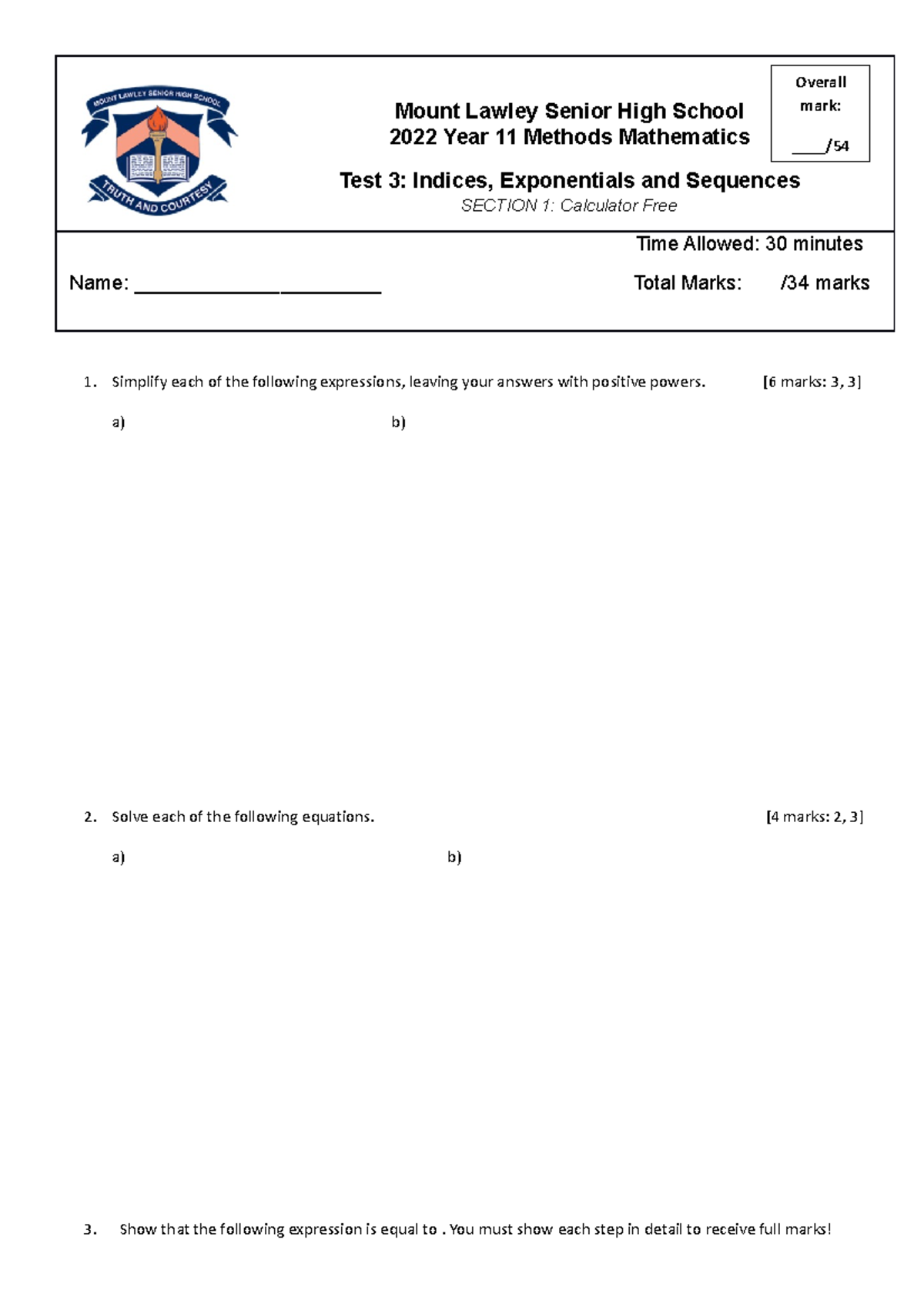 2022 11 Methods Test 3 - Yeah Dab Oi - Mount Lawley Senior High School ...