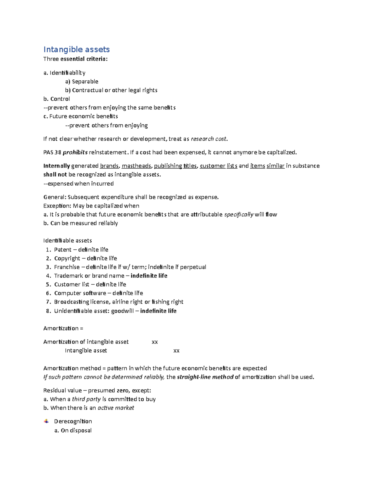 Intangible assets - Three essential criteria: a. Identifiability a ...
