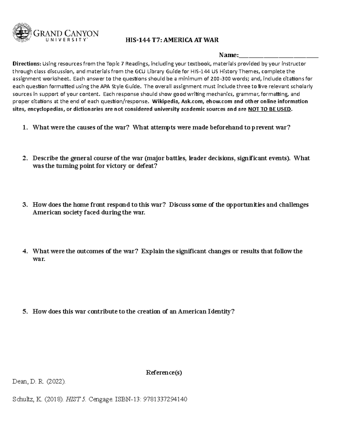 HIS-144-T-7.America at.War.Worksheet - HIS-144 T7: AMERICA AT WAR - Studocu