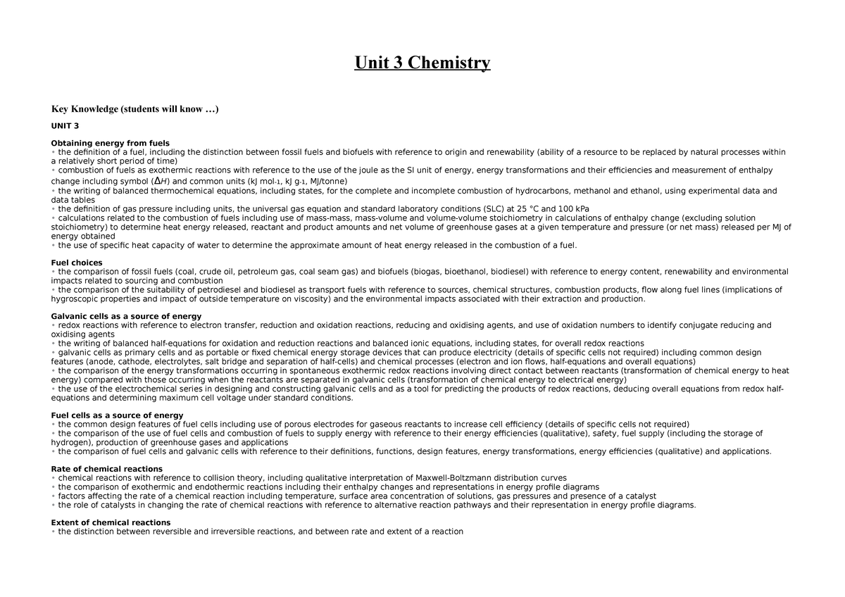 Unit 3 Chemistry Outline 2021 - Unit 3 Chemistry Key Knowledge ...